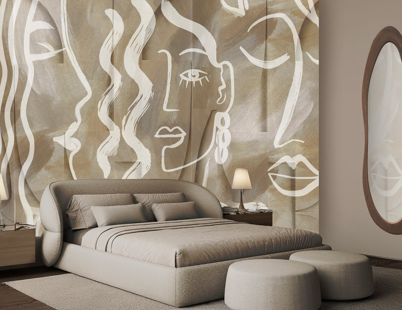 Bold Expression – Neutral Abstract Face Line Art Wallpaper Mural ...