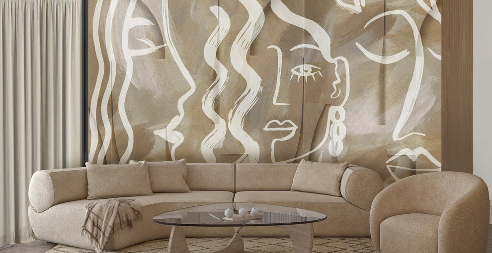 Bold Expression – Neutral Abstract Face Line Art Wallpaper Mural ...