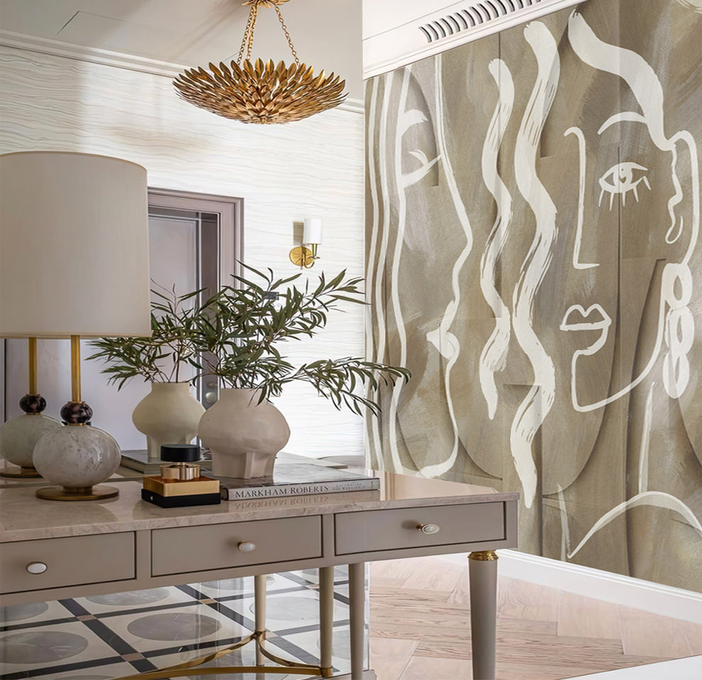 Bold Expression – Neutral Abstract Face Line Art Wallpaper Mural ...