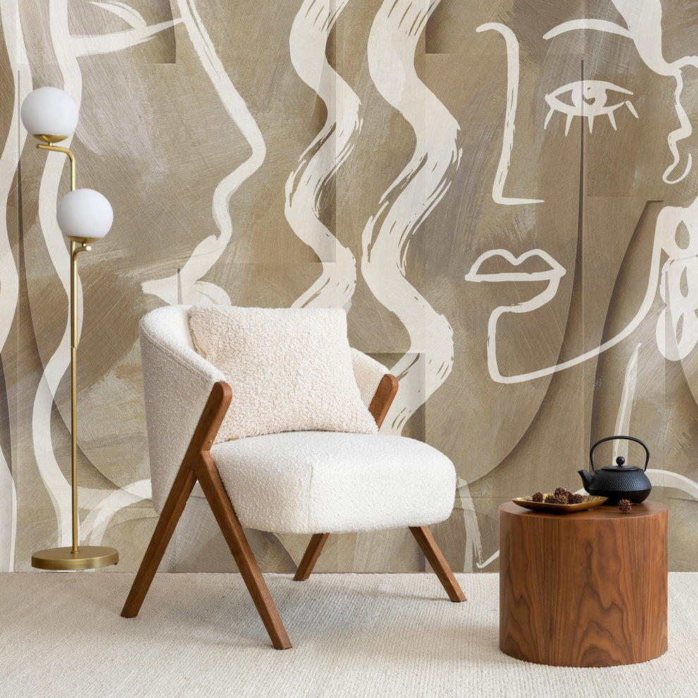 Bold Expression – Neutral Abstract Face Line Art Wallpaper Mural ...
